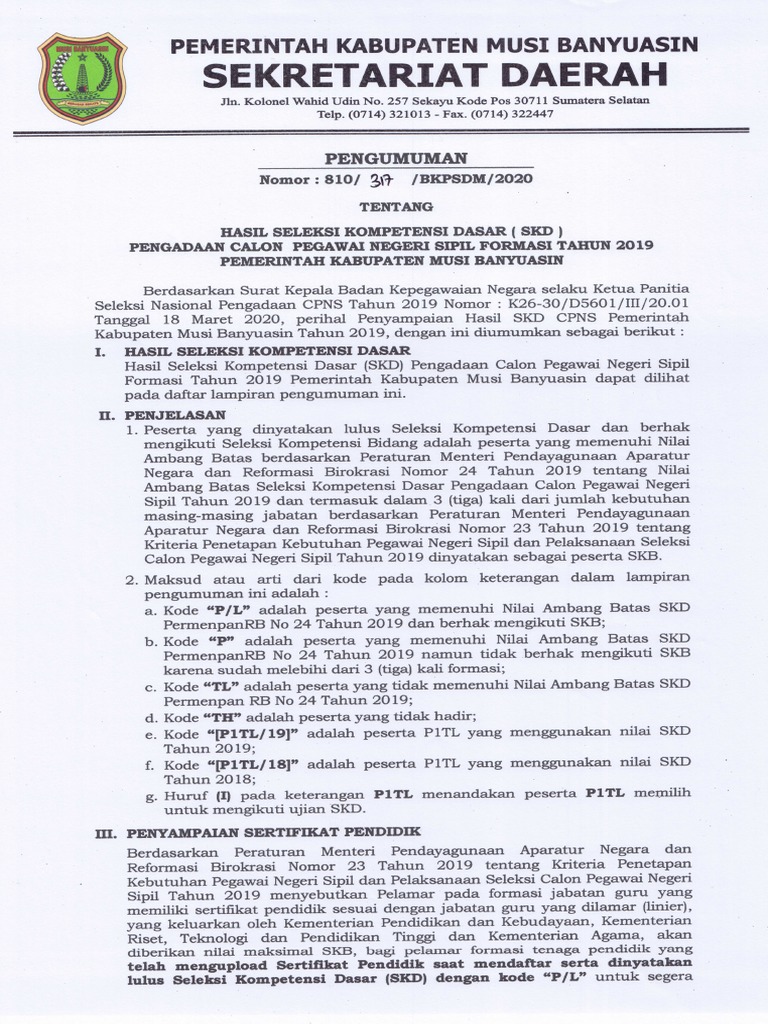 Pengumuman Hasil Nilai SKD CPNS Formasi 2019 Kab Musi Banyuasin PDF | PDF