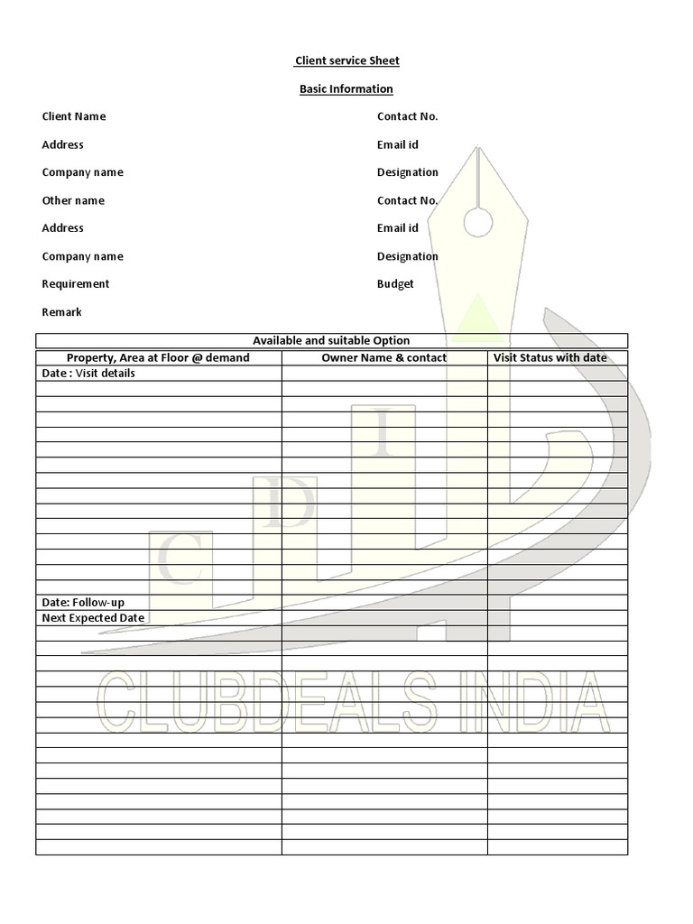 Client Service Sheet Template | PDF