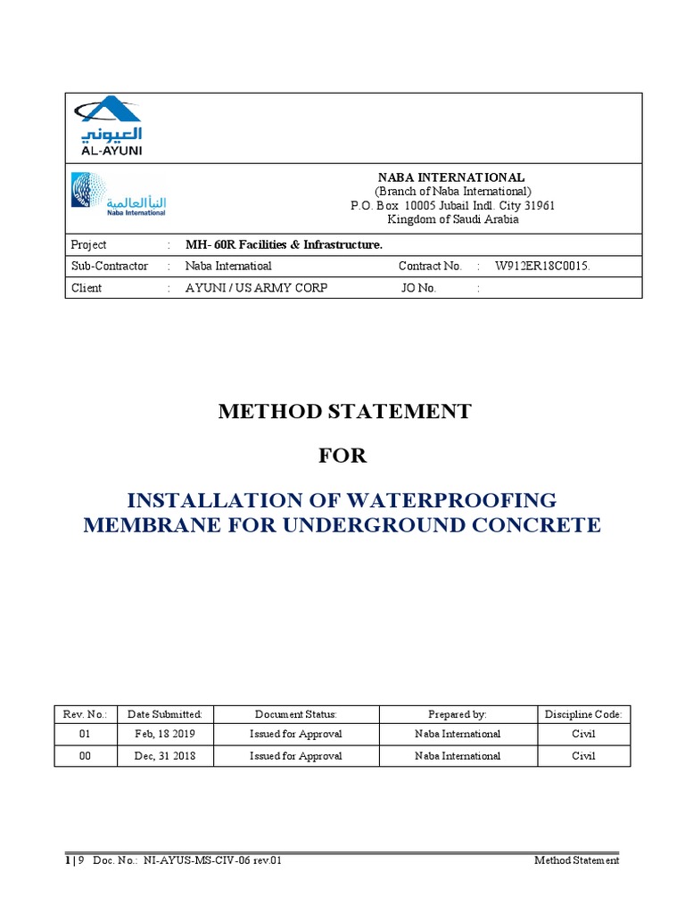 Method Statement For Underground Concrete Waterproofing Rev.01 | PDF ...
