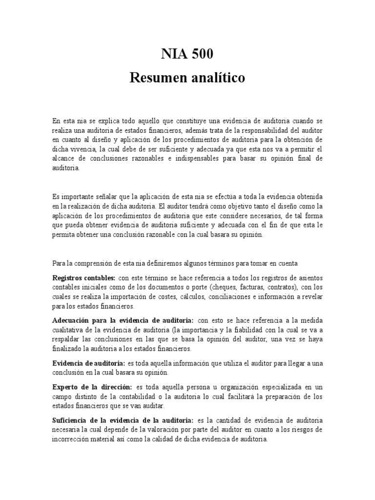 NIA 500 Resumen analítico | Auditoría | Contralor
