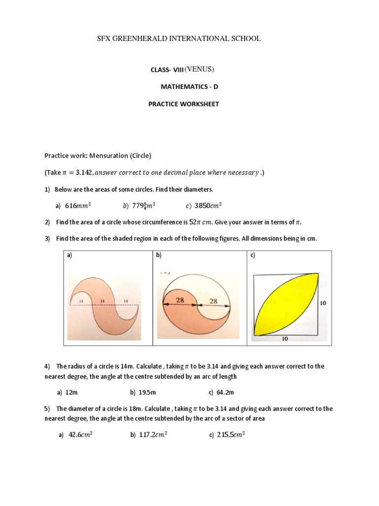 CLASS VIII Mensuration Circle Important Sums For Primary Mensuration ...
