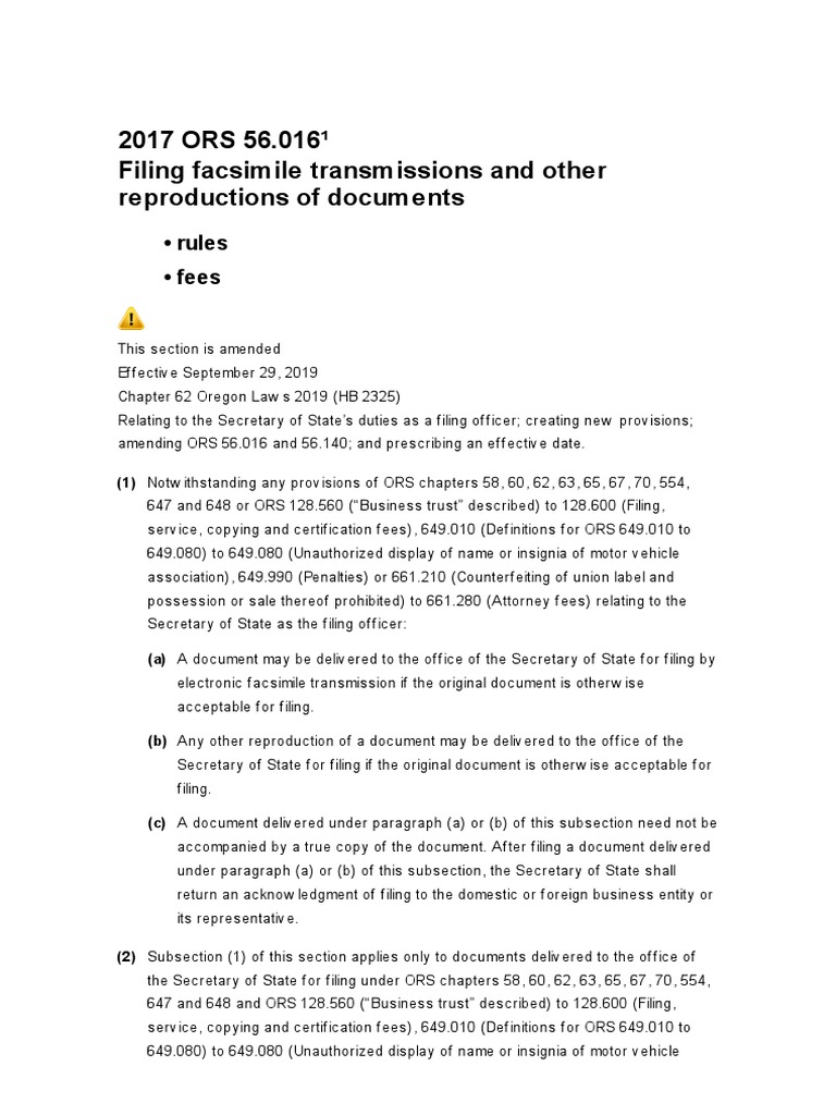 ORS 56.016 - Filing Facsimile Transmissions and Other Reproductions of ...