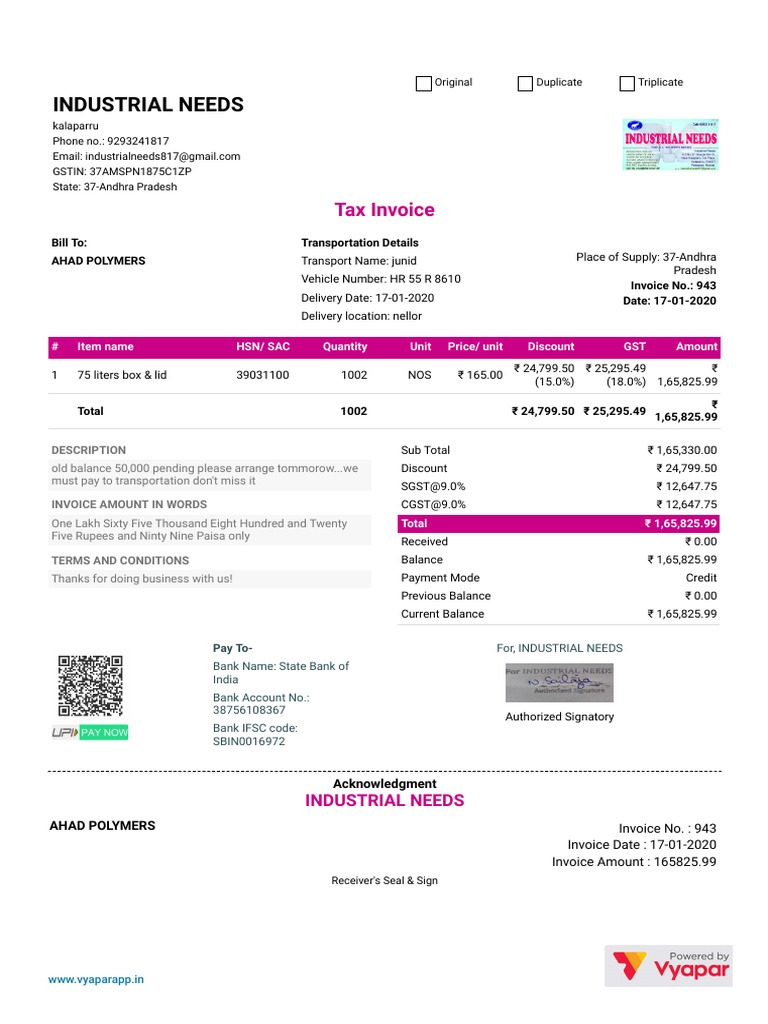 Industrial invoice for polymer boxes | PDF | Rupee | Invoice
