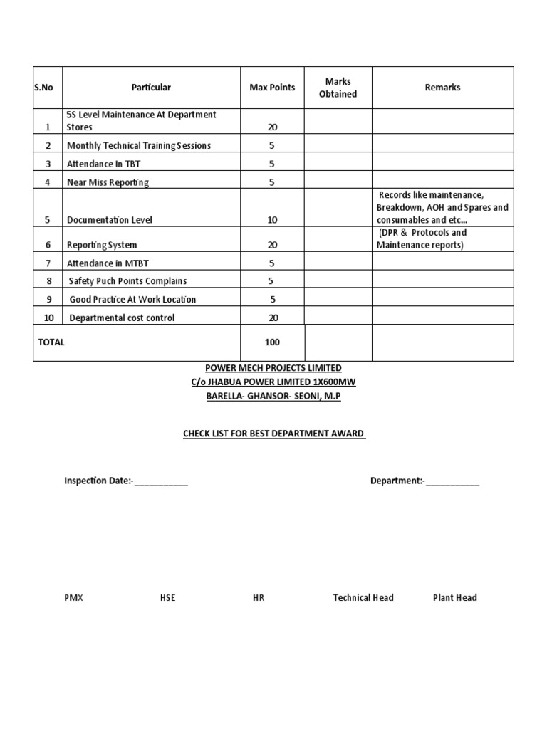 Best Department Award Score Card | PDF