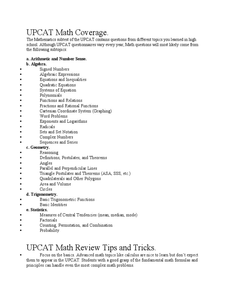 UPCAT Math Coverage.: A. Arithmetic and Number Sense. B. Algebra | PDF ...