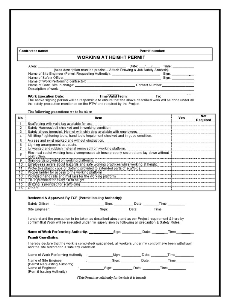 Working at Height Permit R1 | PDF | Safety | Business