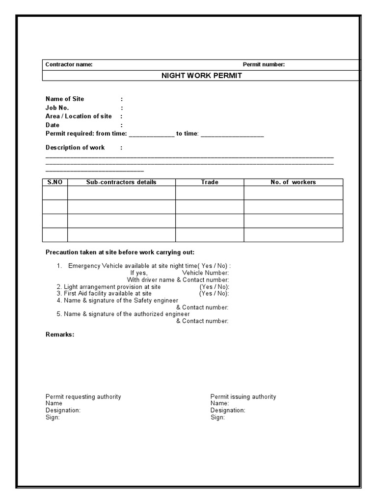 Night Work Permit: Contractor Name: Permit Number | PDF