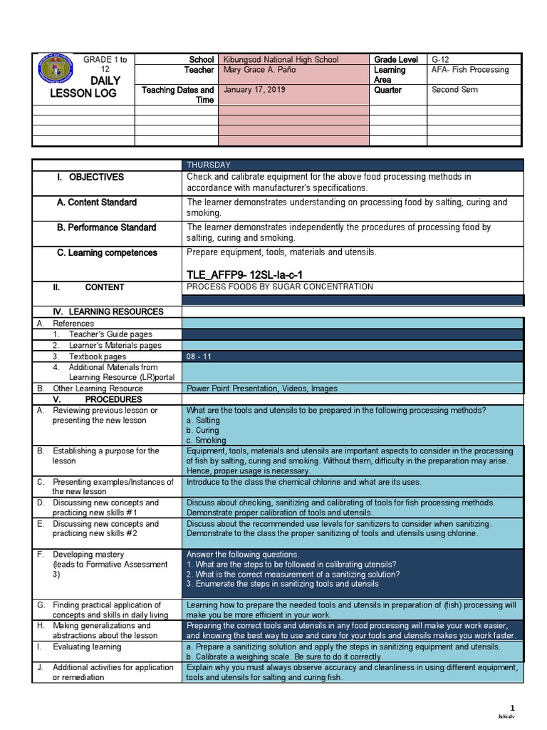 Food Processing DLL 01 | PDF | Tools | Learning