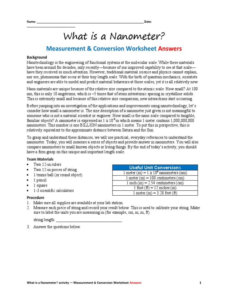 What Is A Nanometer?: Measurement & Conversion Worksheet | PDF ...