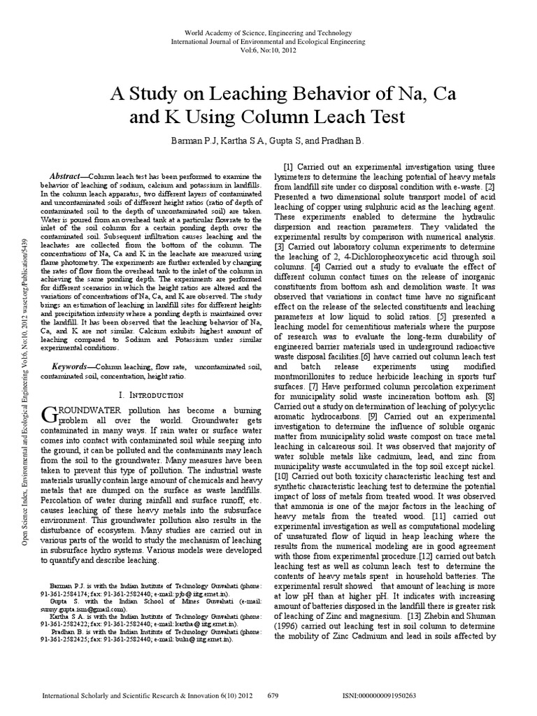 A Study On Leaching Behavior of Na Ca and K Using Column Leach Test ...