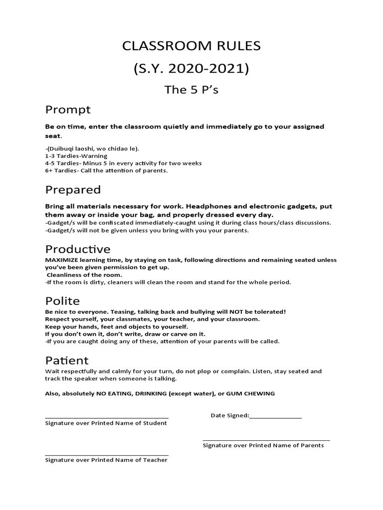 Classroom Rules S.Y. 2020-2021 | PDF
