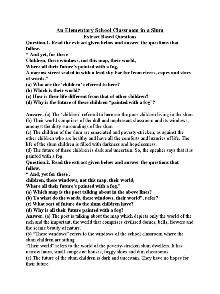 An Elementary School Classroom in A Slum Important Questions CBSE Class ...