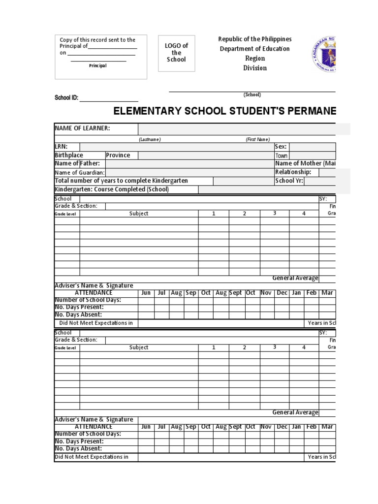 Elementary School Student'S Permanent Record: Principal | PDF | Schools ...