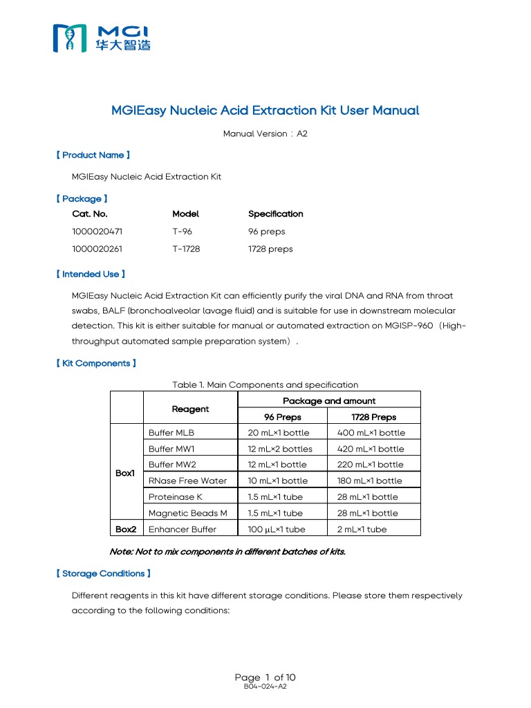 Mgieasy Nucleic Acid Extraction Kit User Manual: 【Product Name】 | PDF ...