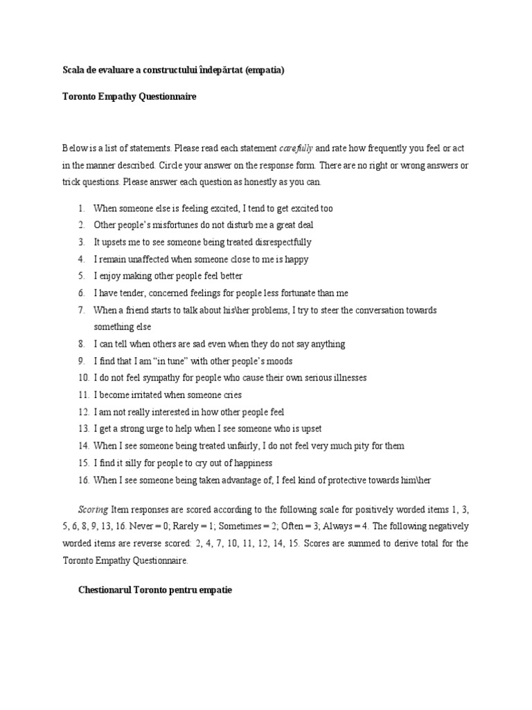Scala de Evaluare A Constructului Îndepărtat (Empatia) Toronto Empathy ...