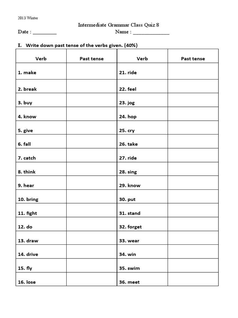Intermediate Grammar Quiz: Past Tense | PDF