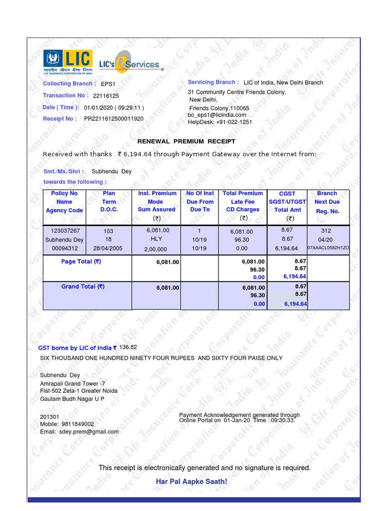 Renewal Premium Receipts for Two Life Insurance Policies of Subhendu ...