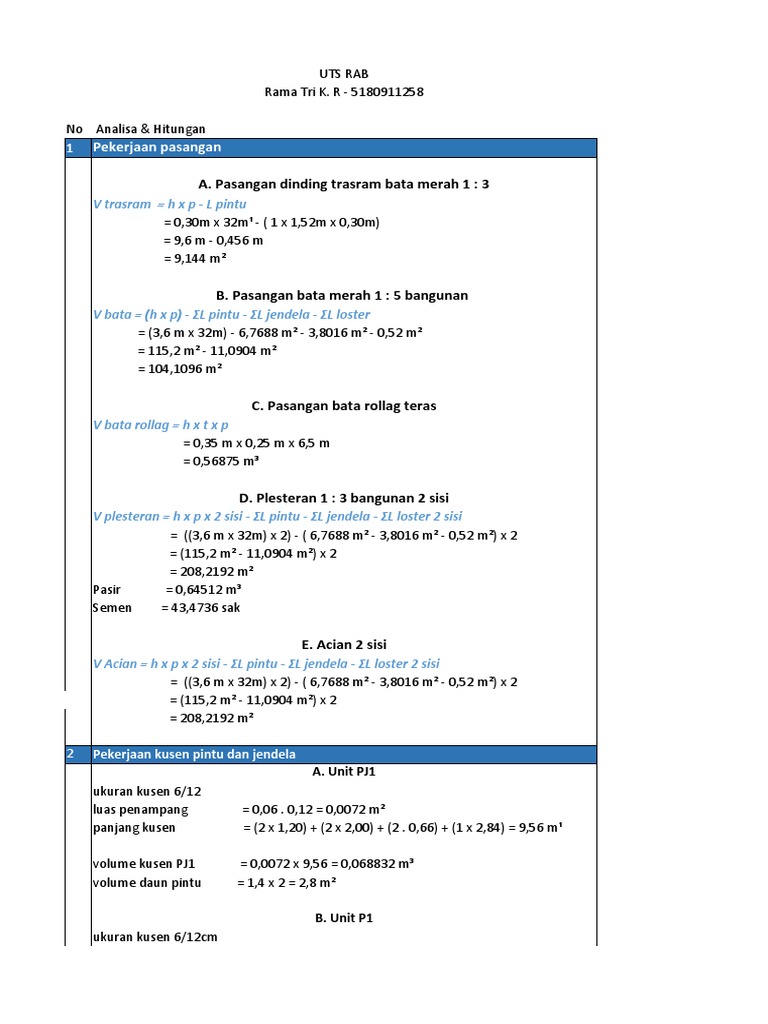 Pekerjaan Pasangan: A. Pasangan Dinding Trasram Bata Merah 1: 3 | PDF