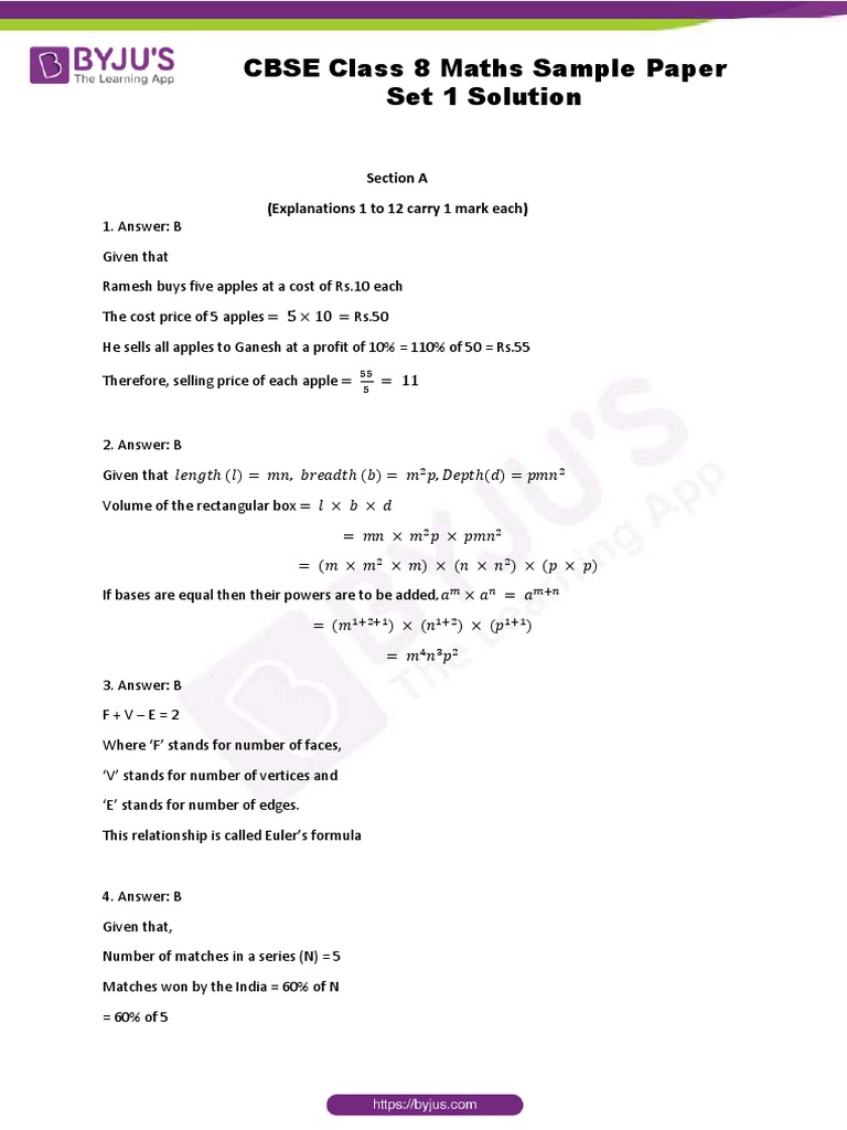 CBSE Class 8 Maths Sample Paper Set 1 Solution | PDF | Area | Triangle