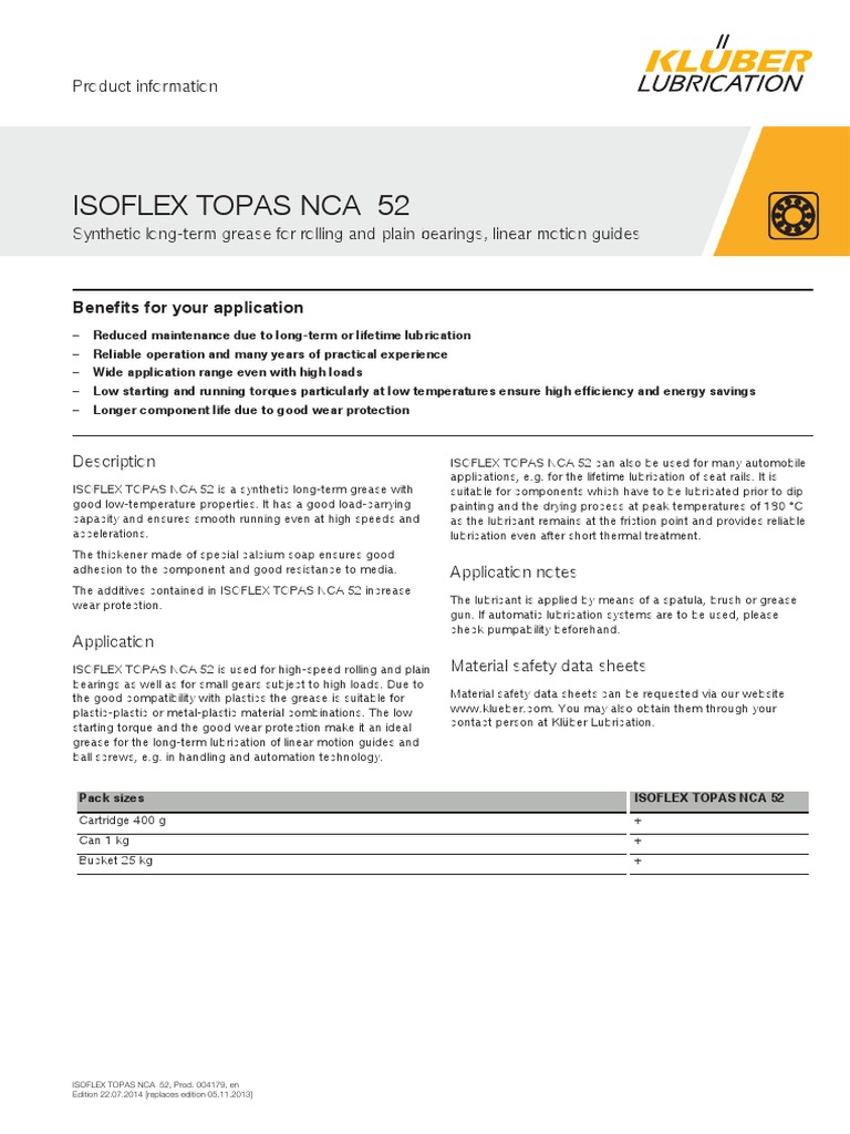 Isoflex Topas Nca 52: Product Information | PDF | Lubricant | Bearing ...