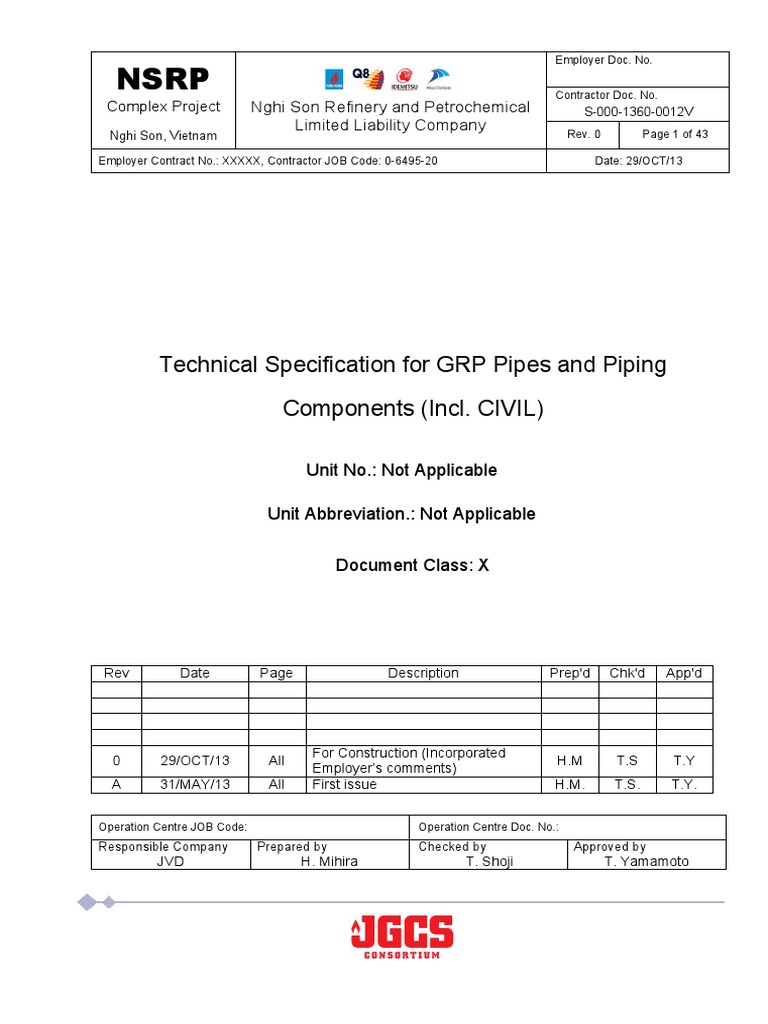 Technical Specification For GRP Pipes and Piping Component | PDF ...