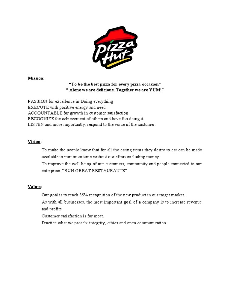 Pizza Hut (Mission, Vision, Values) | PDF
