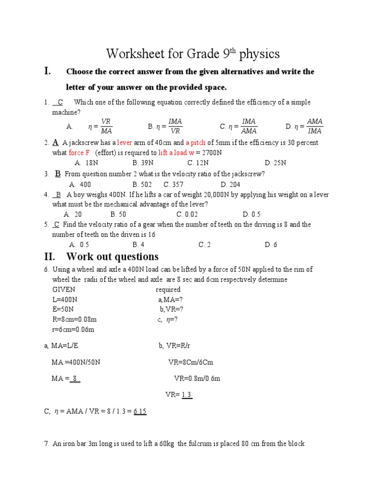 Worksheet For Grade 9 Physics | PDF | Applied And Interdisciplinary Physics | Classical Mechanics