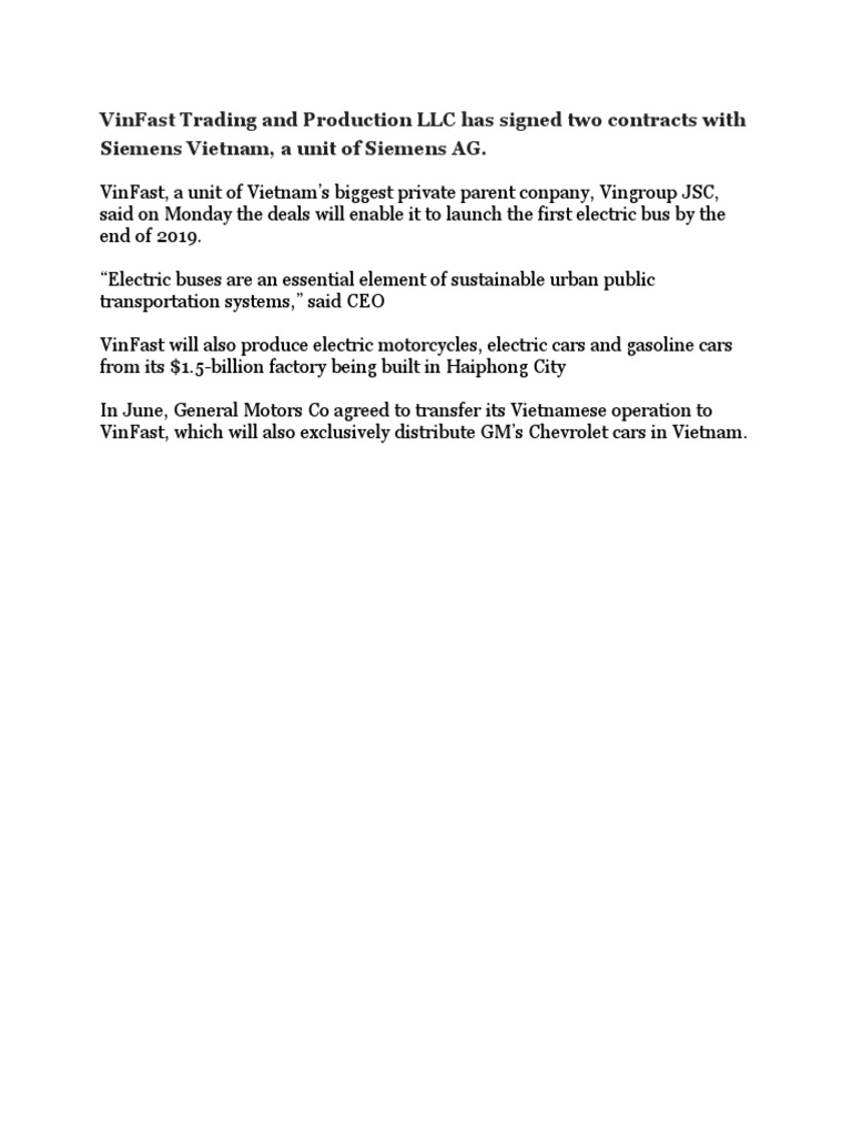 VinFast Trading and Production LLC Has Signed Two Contracts With ...