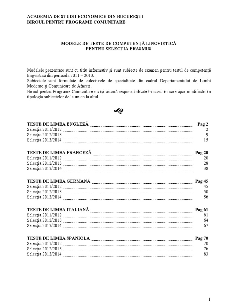 Modele de Teste de Competenţă Lingvistică Pentru Selecţia Erasmus | PDF ...