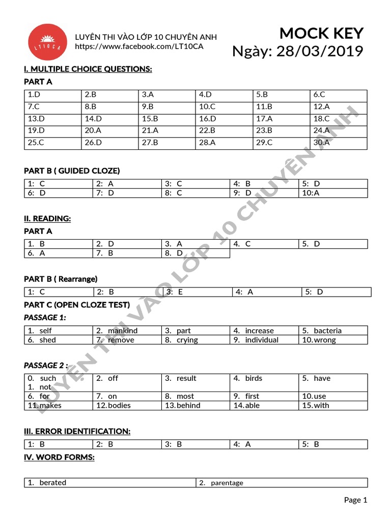 Mock Key: I. Multiple Choice Questions: Part A | PDF