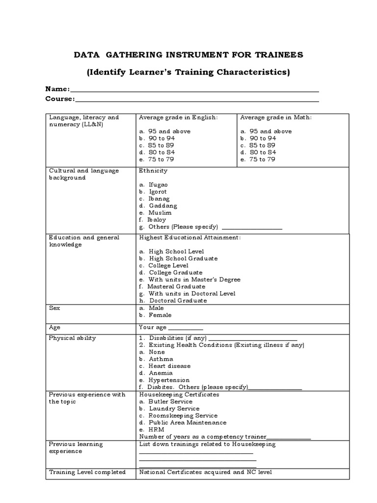 Sample DATA GATHERING INSTRUMENT FOR TRAINEES | PDF | Teaching ...