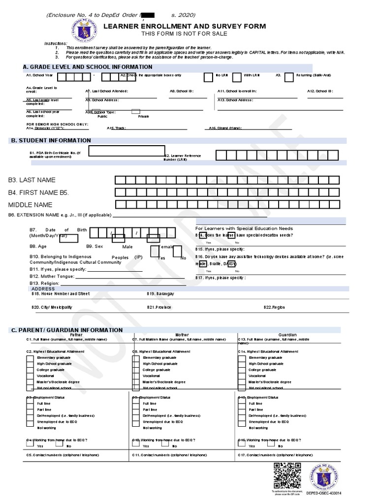 Learner Enrollment and Survey Form: (Enclosure No. 4 To Deped Order No ...