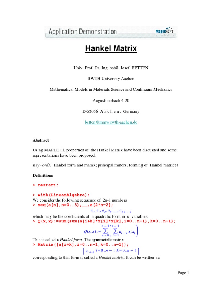 Hankel Matrix | PDF | Matrix (Mathematics) | Determinant