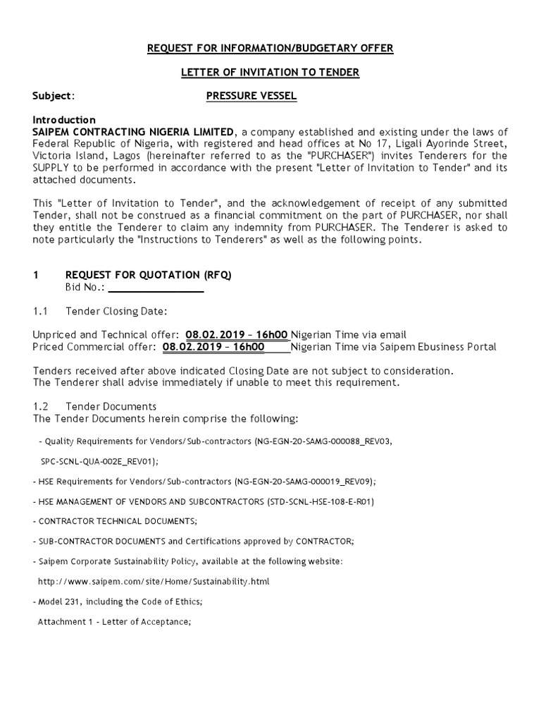 Letter of Invitation To Tender - Pressure Vess | PDF | Specification ...