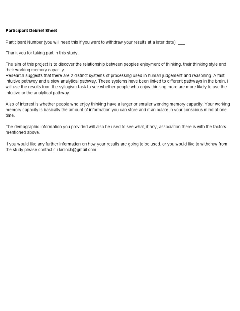 Participant Debrief Sheet | PDF | Computers