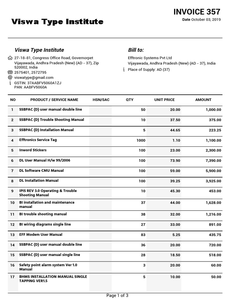 Invoice 357: Bill To: Viswa Type Institute | PDF | Telecommunications ...