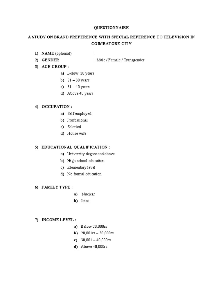 Questionnaire On Television Preference | PDF | Television | Liquid ...