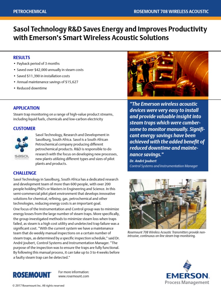Case Study Sasol Technology R D Saves Energy Improves Productivity Emerson's Smart Wireless ...