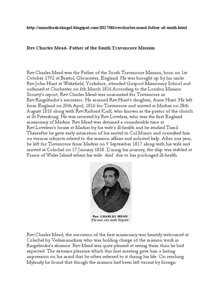 Rev. Charles Mead: Founding Father of the South Travancore Mission ...