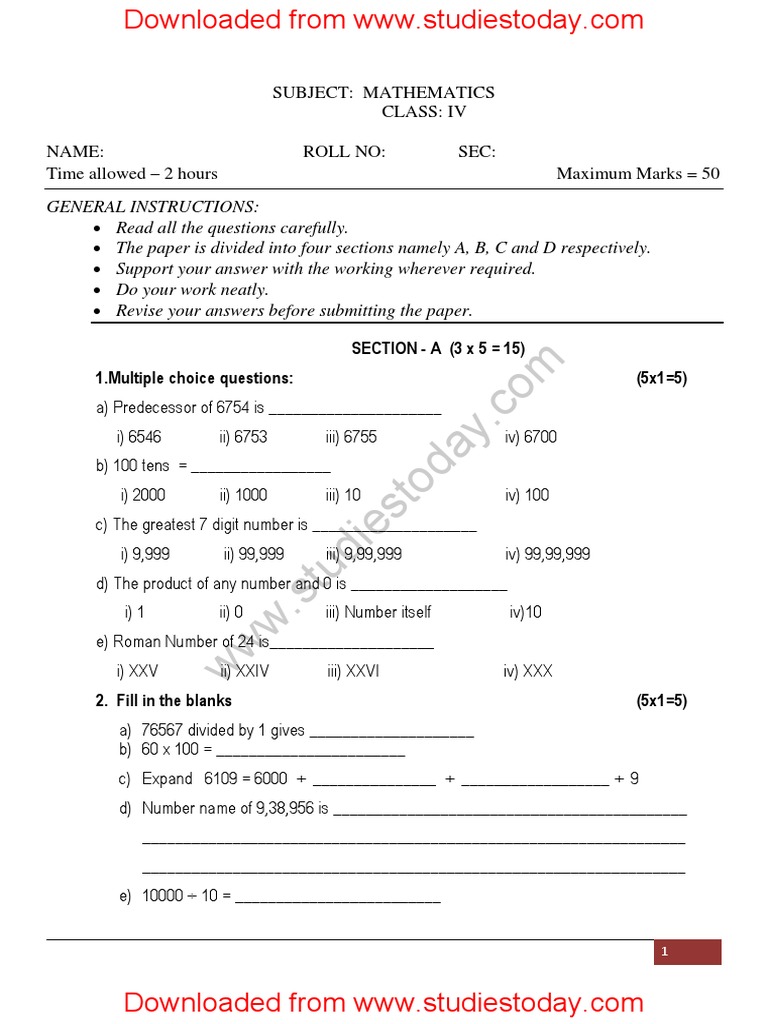 CBSE Class 4 Mathematics Question Paper Set G | PDF | Teaching Mathematics