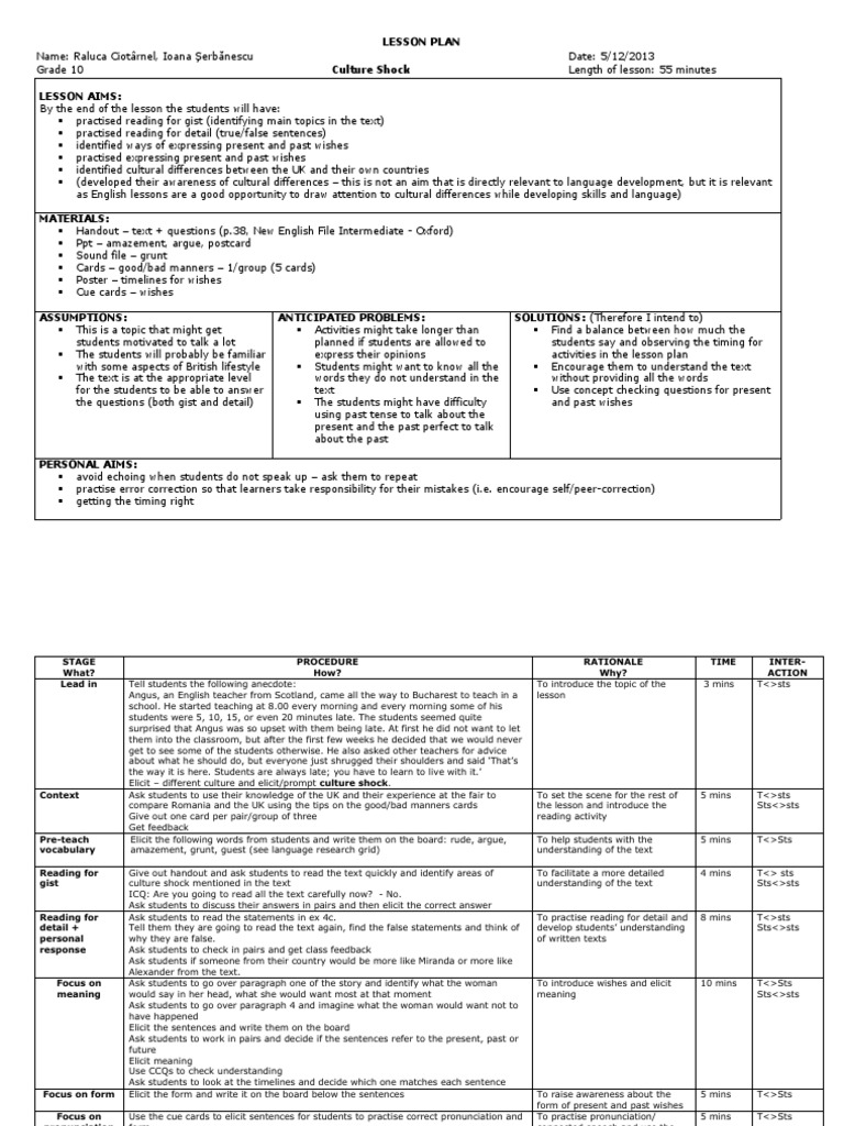 Lesson Plan Culture Shock Lesson Aims | PDF | Phonology | Teachers