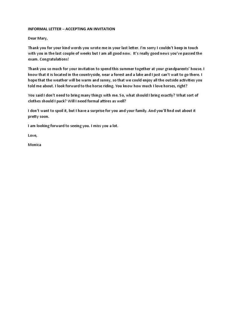 Informal Letter - Accepting An Invitation | PDF