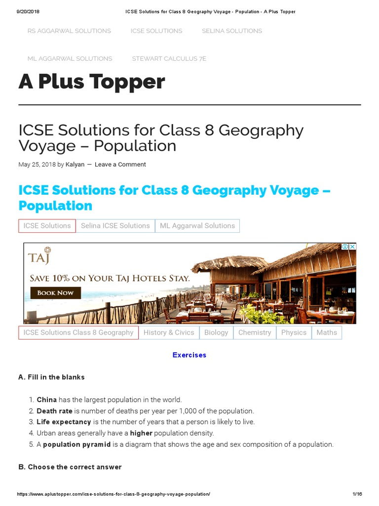 ICSE Solutions For Class 8 Geography Voyage - Population - A Plus ...