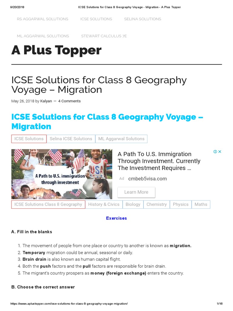 ICSE Solutions For Class 8 Geography Voyage - Migration - A Plus Topper ...
