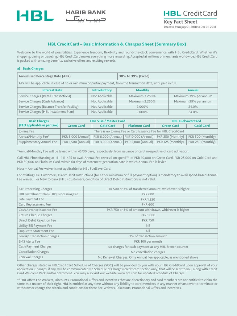 Key Fact Sheet (HBL CreditCard) - July2018 | PDF | Credit Card | Payments