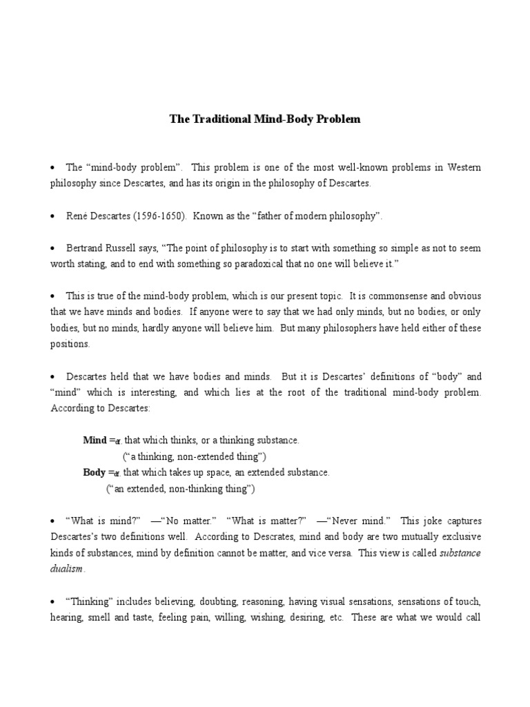 Exploring the Traditional Mind-Body Problem: Descartes' Substance ...