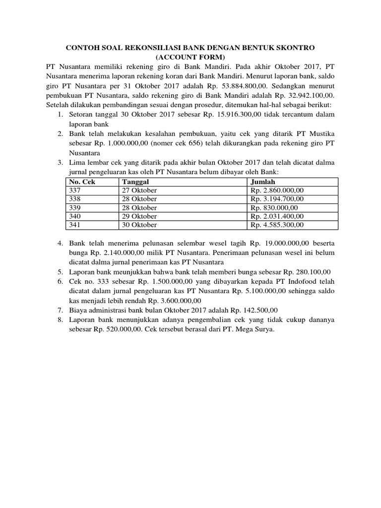 Contoh Soal Rekonsiliasi Bank Dengan Bentuk Skontro Form | PDF