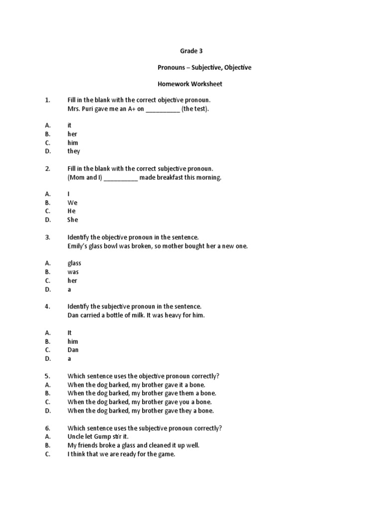 Grade 3 Pronouns - Subjective, Objective Homework Worksheet | PDF