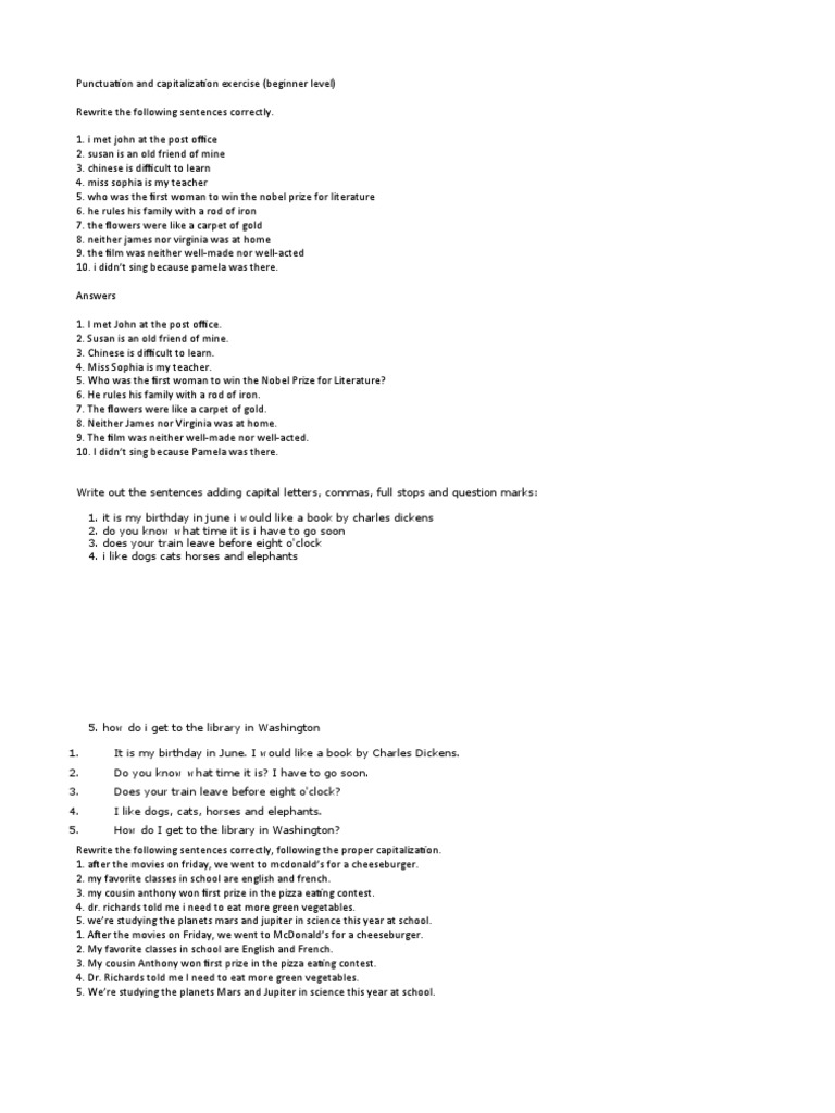 Punctuation and Capitalization Exercise | PDF | Punctuation | Writing