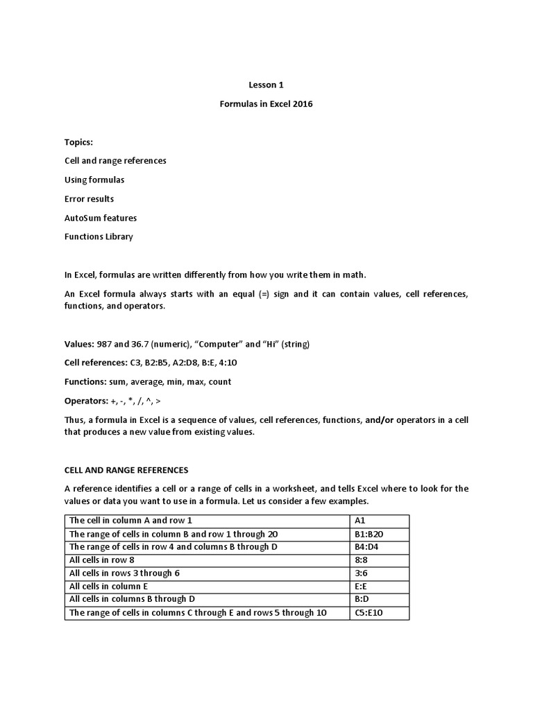 CS Class 7 Lesson 1 Formulas in Excel 2016 | PDF | Microsoft Excel ...